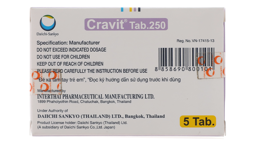 Cravit Tab 250 trị nhiễm khuẩn (1 vỉ x 5 viên) - 10/2025 ...