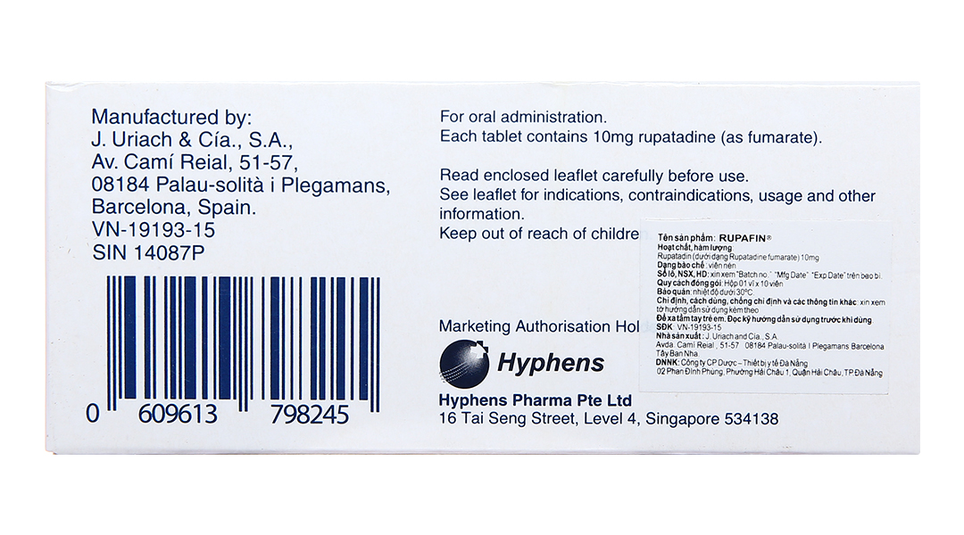 Rupafin 10mg trị viêm mũi dị ứng, mề đay (1 vỉ x 10 viên) - 08/2025 ...