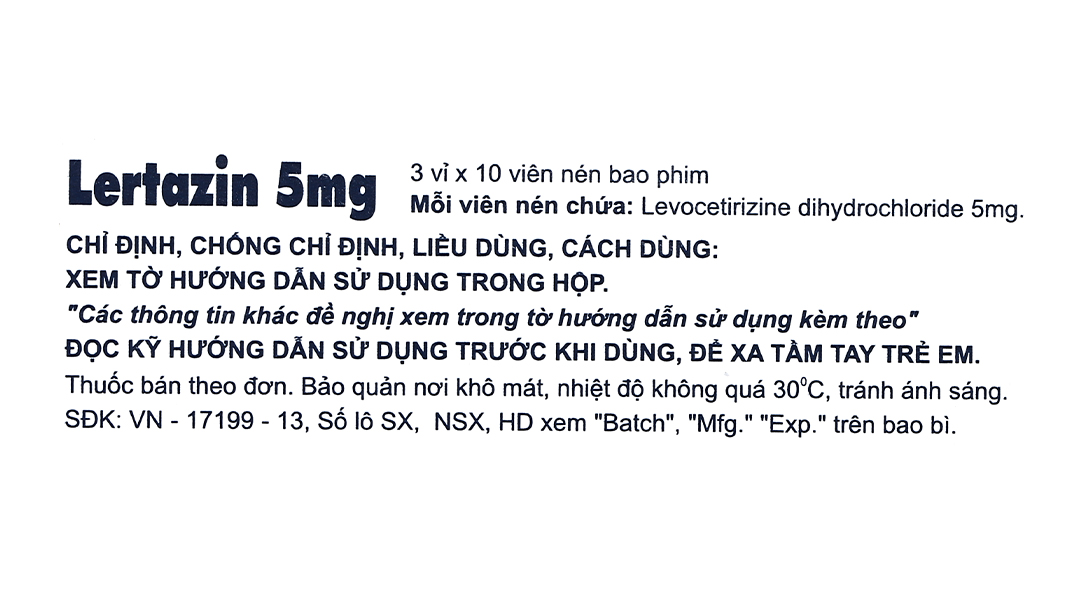 Lertazin 5mg trị dị ứng do Histamin như viêm mũi dị ứng, mề đay (3 vỉ x ...