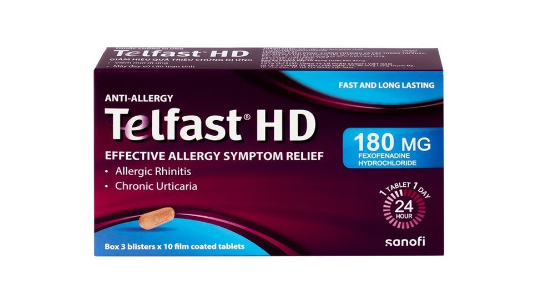 Telfast HD 180mg trị viêm mũi dị ứng, mề đay vô căn mạn tính (3 vỉ x 10 ...