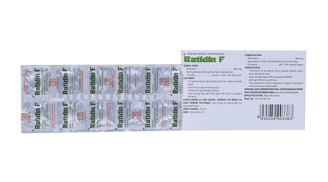 Thuốc Ratidin F 300mg trị trào ngược dạ dày, thực quản (3 vỉ x 10 viên ...