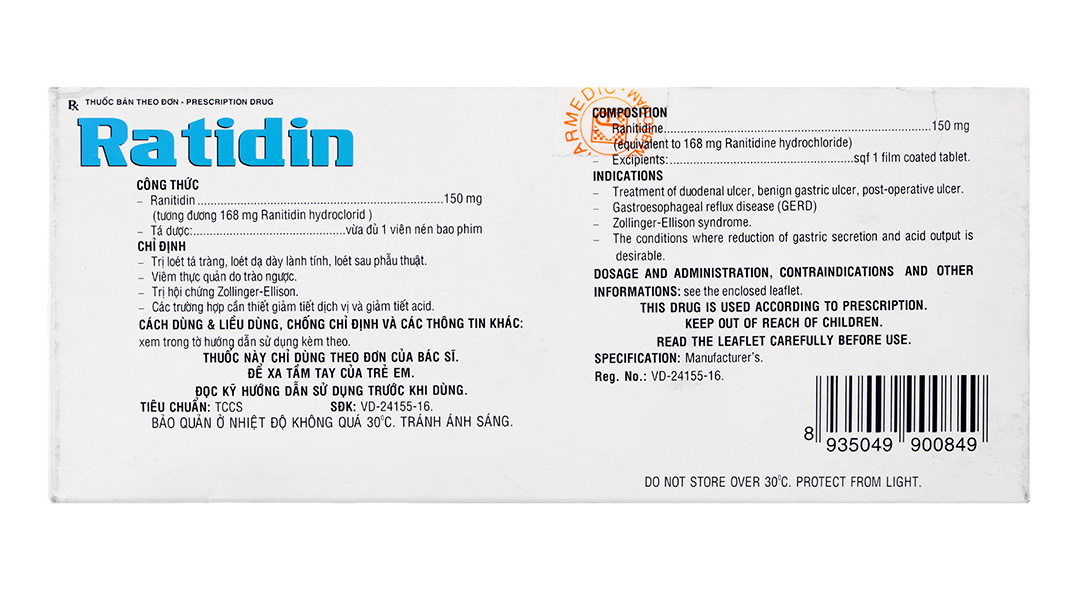 Thuốc Ratidin 150mg trị viêm loét, trào ngược dạ dày, tá tràng (10 vỉ x ...