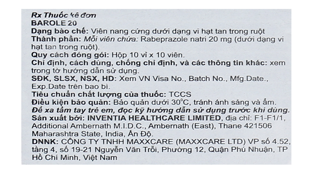 Thuốc Barole 20 trị viêm loét do trào ngược dạ dày - 09/2025 ...