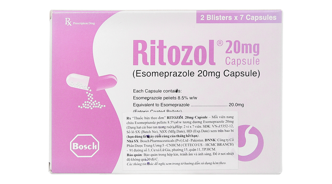 Ritozol 20mg Capsule trị trào ngược dạ dày, thực quản (2 vỉ x 7 viên ...