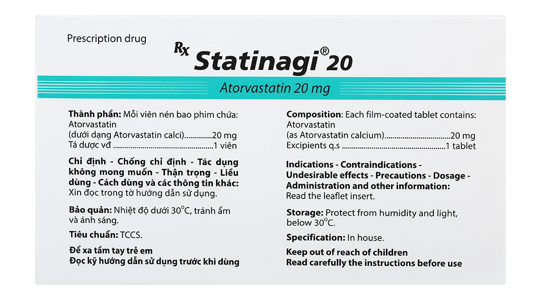 Thuốc Statinagi 20 trị rối loạn mỡ máu, tăng cholesterol máu (3 vỉ x 10 ...