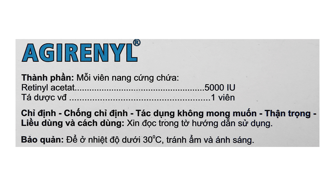 Thuốc Agirenyl 5000IU phòng và trị triệu chứng thiếu vitamin A (10 vỉ x ...