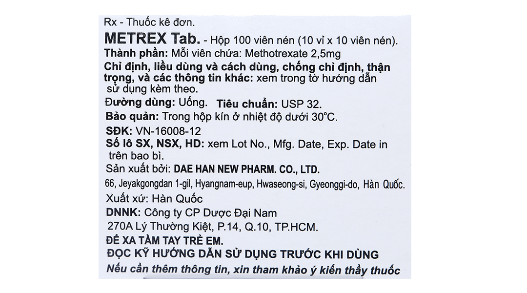 Metrex Tab 2.5mg điều trị khối u, vảy nến, viêm khớp dạng thấp (10 vỉ x ...