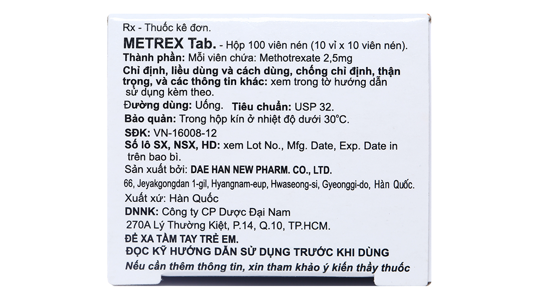 Metrex Tab 2.5mg điều trị khối u, vảy nến, viêm khớp dạng thấp (10 vỉ x ...
