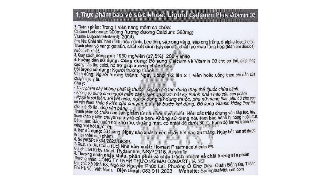 Thực phẩm bảo vệ sức khỏe Canxi Springleaf Liquid Calcium Plus Vitamin ...