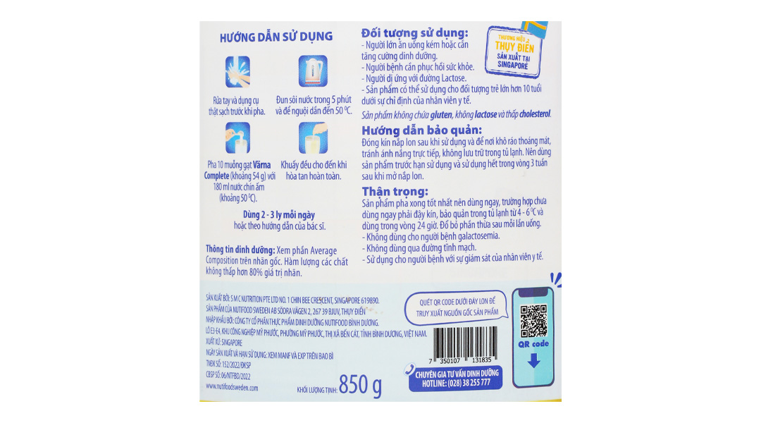 Sữa bột Dinh Dưỡng y Học Varna Complete Lon 850g - 05/2026 ...