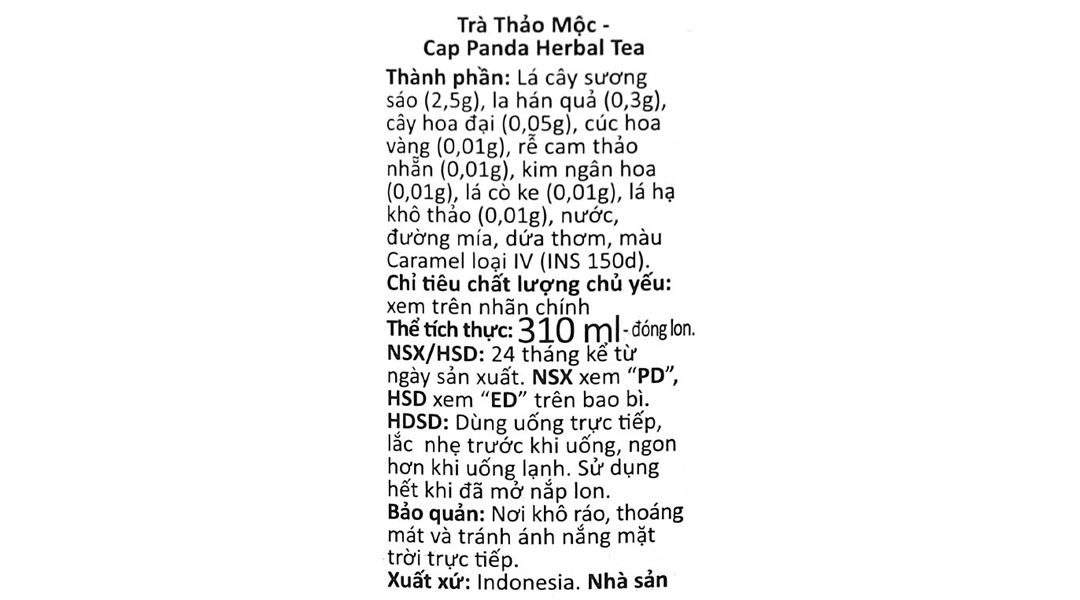 Trà Thảo Mộc Cap Panda Lon 310ml - 11/2025 | nhathuocankhang.com